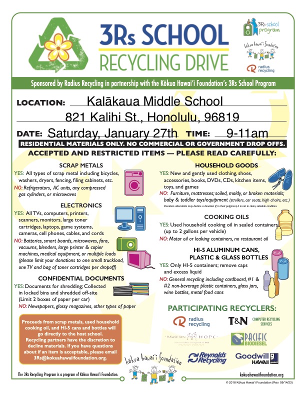 3Rs School Recycling Drive at Kalākaua Middle School - Kokua Hawaii ...