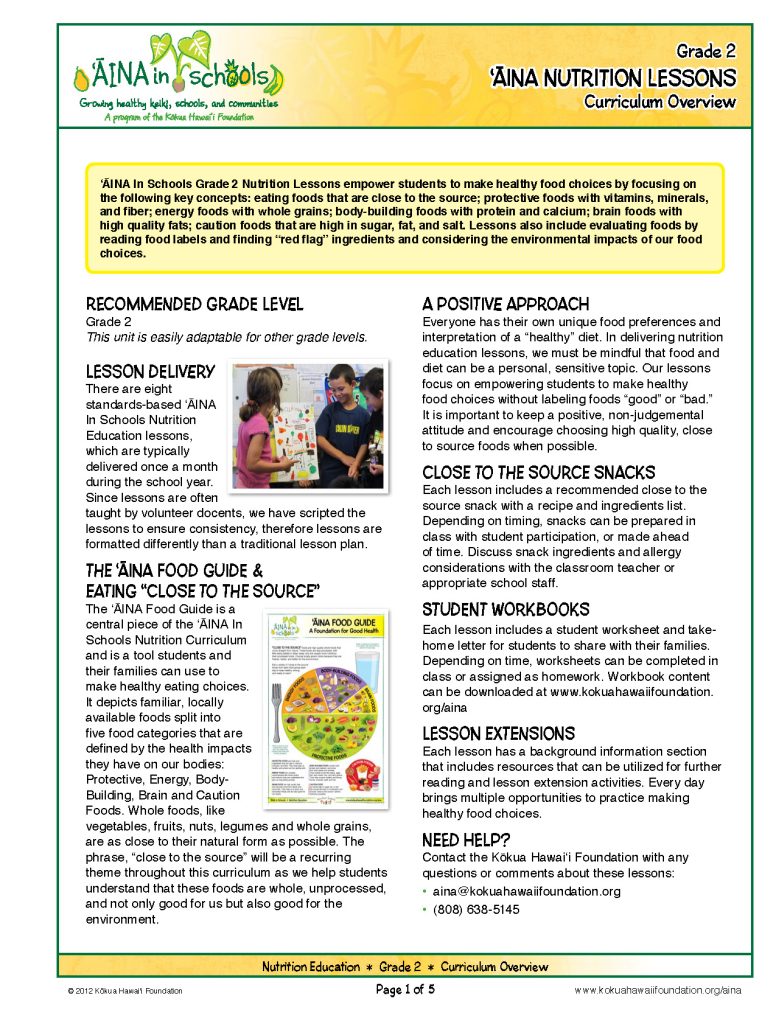 ʻĀINA Nutrition Education Grade 2 Unit Overview - Kokua Hawaii Foundation