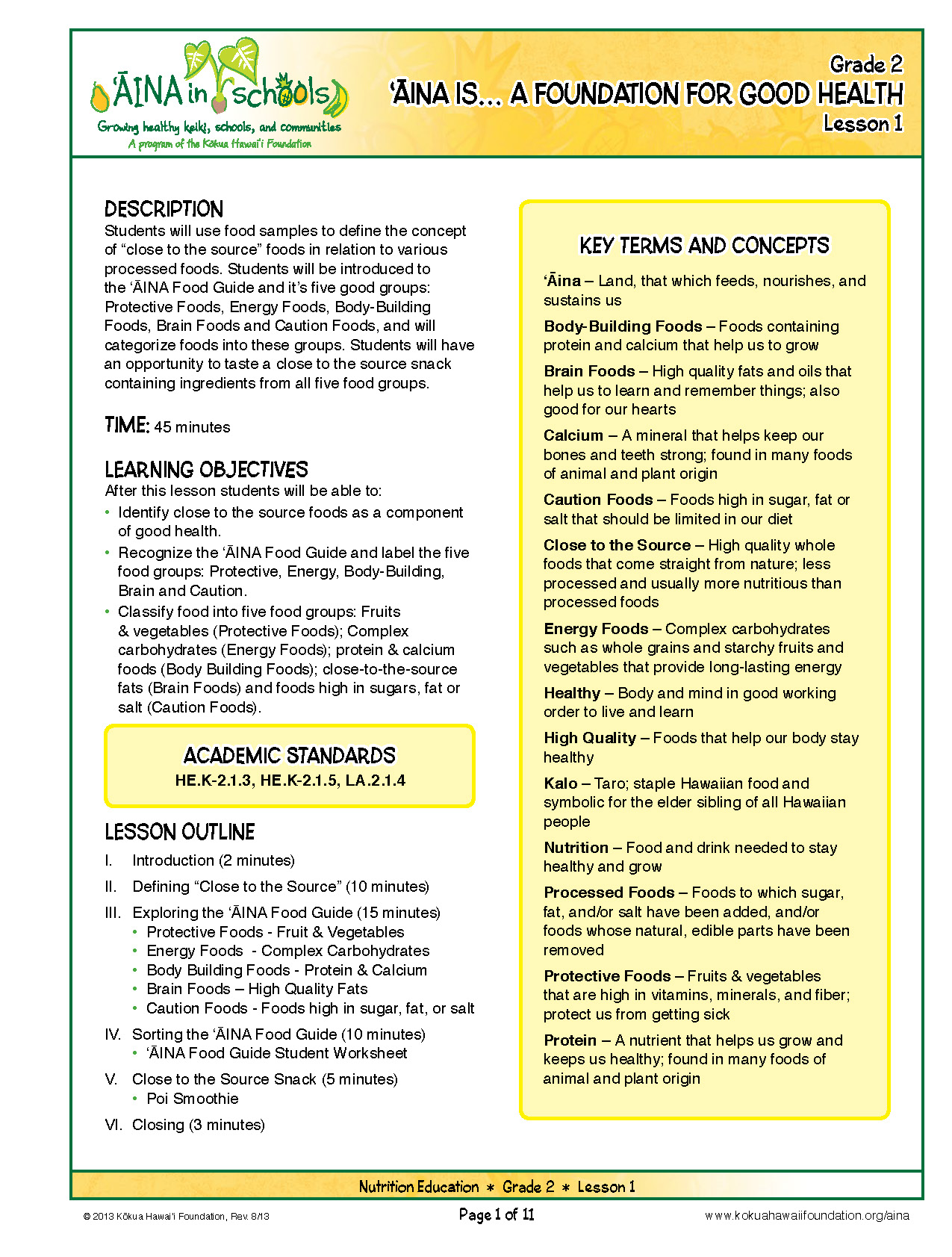 ʻĀINA Nutrition Education Grade 2 Lesson 1: ʻĀINA IS...A Foundation for ...