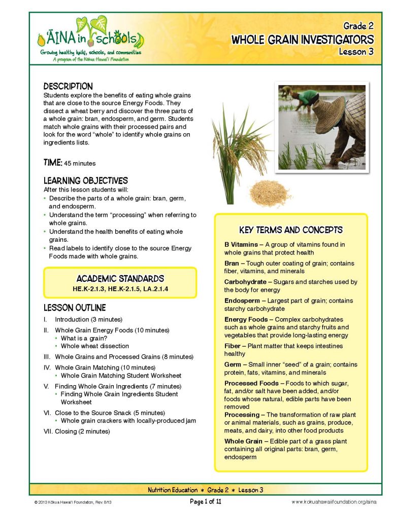 ʻĀINA Nutrition Education Grade 2 Lesson 3: Whole Grain Investigators ...
