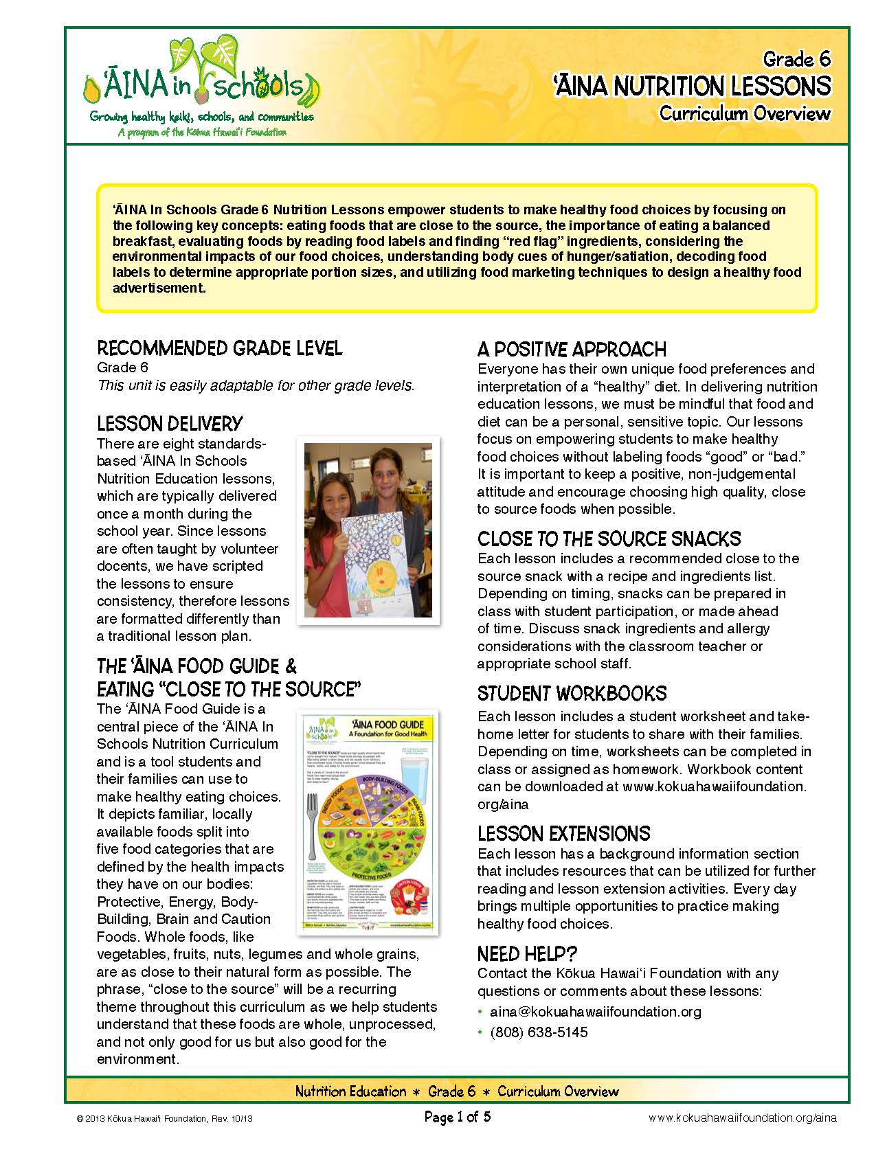 ʻĀINA Nutrition Education Grade 6 Unit Overview - Kokua Hawaii Foundation