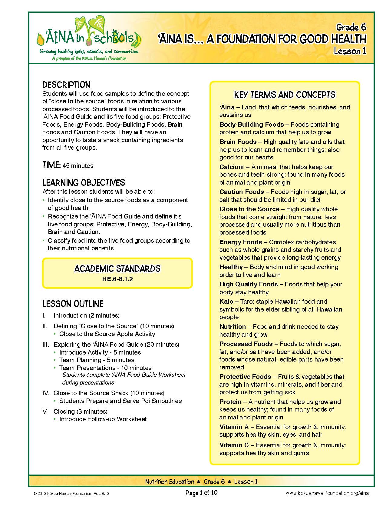 ʻĀINA Nutrition Education Grade 6 Lesson 1: ʻĀINA IS...A Foundation for ...