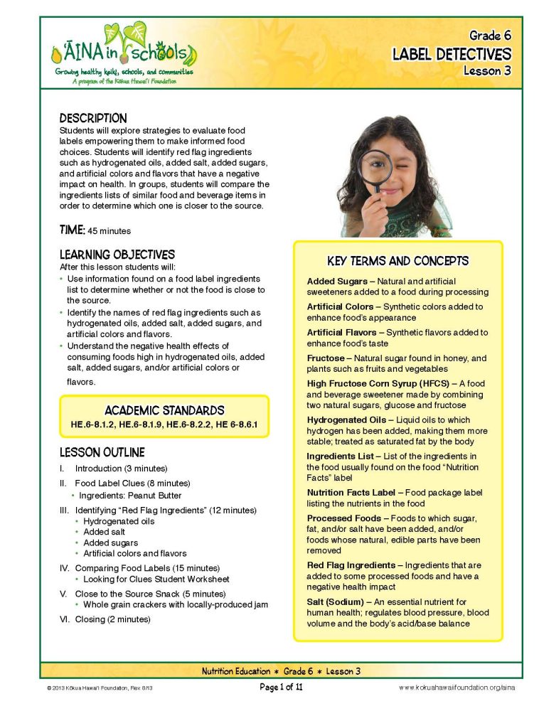 ʻĀINA Nutrition Education Grade 6 Lesson 3: Label Detectives - Kokua ...