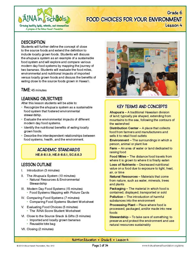 ʻĀINA Nutrition Education Grade 6 Lesson 4: Food Choices for Your ...