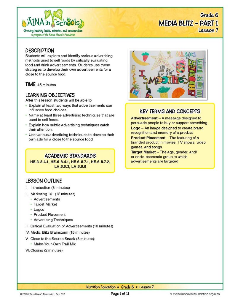 ʻĀINA Nutrition Education Grade 6 Lesson 7: Media Blitz - Part 1 ...