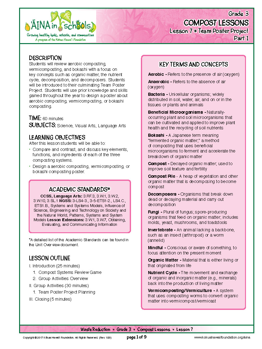 ʻĀINA In Schools Waste Reduction Grade 3: Composting Lesson 7 - Kokua ...