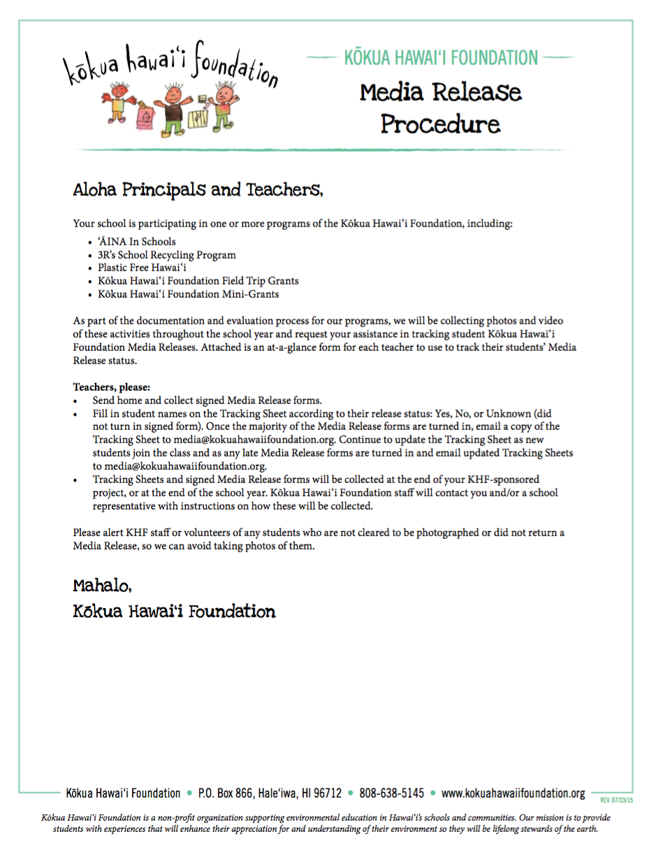 KHF Media Release Procedure - Kokua Hawaii Foundation